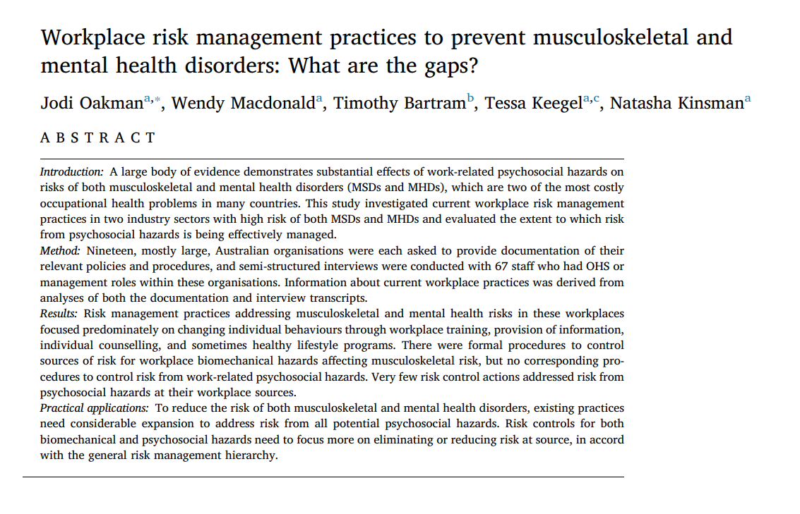 Workplace risk management practices to prevent musculoskeletal and ...
