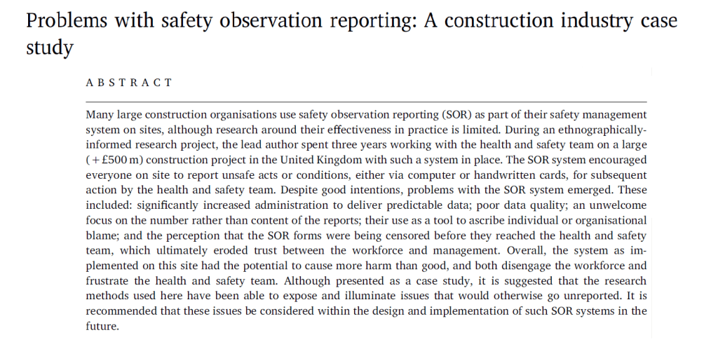 Problems with safety observation reporting: A construction industry ...