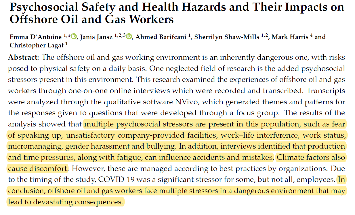 Psychosocial hazards in the offshore oil & gas sector: bullying ...