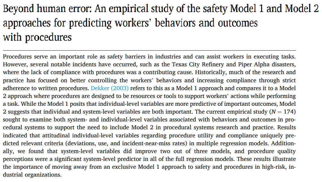 Beyond human error: An empirical study of the safety Model 1 and Model ...
