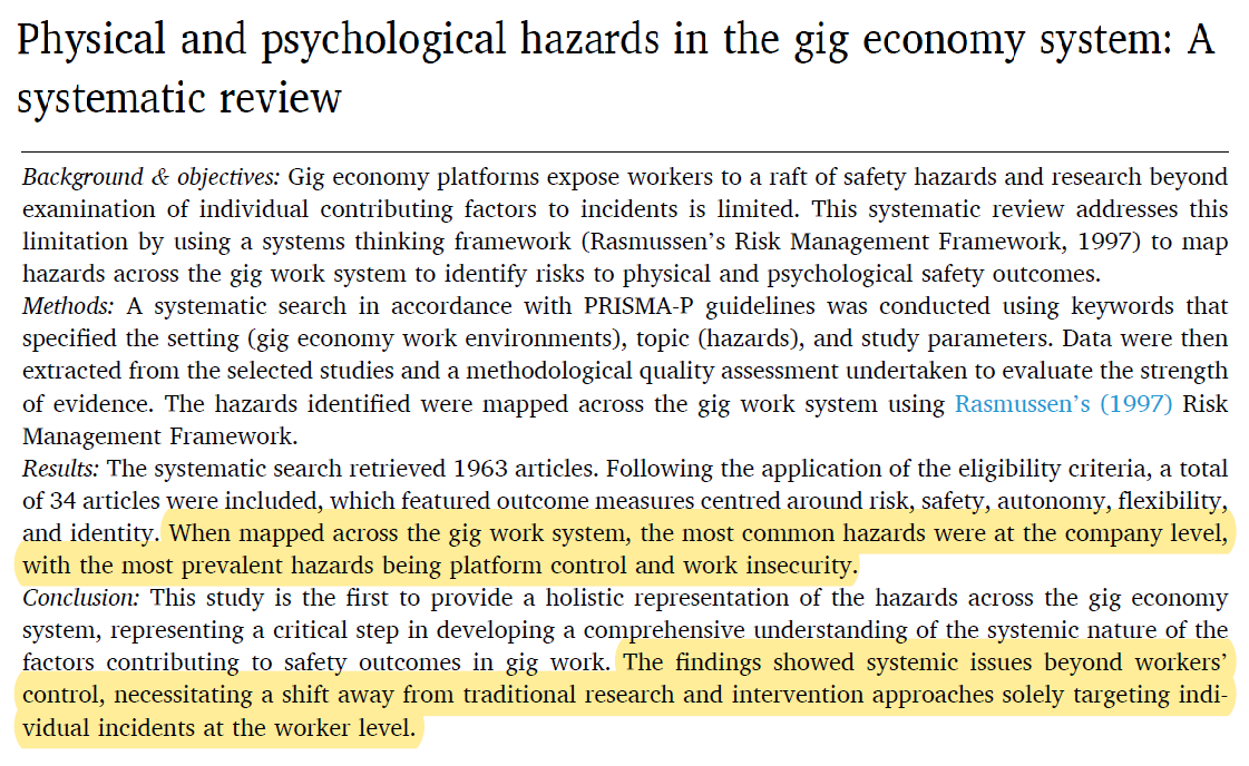 Physical and psychological hazards in the gig economy system: A ...