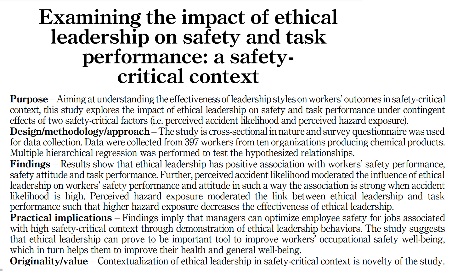 Examining the impact of ethical leadership on safety and task ...