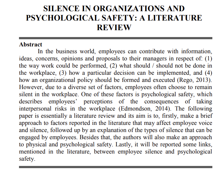 Silence in organizations and psychological safety: a literature review ...