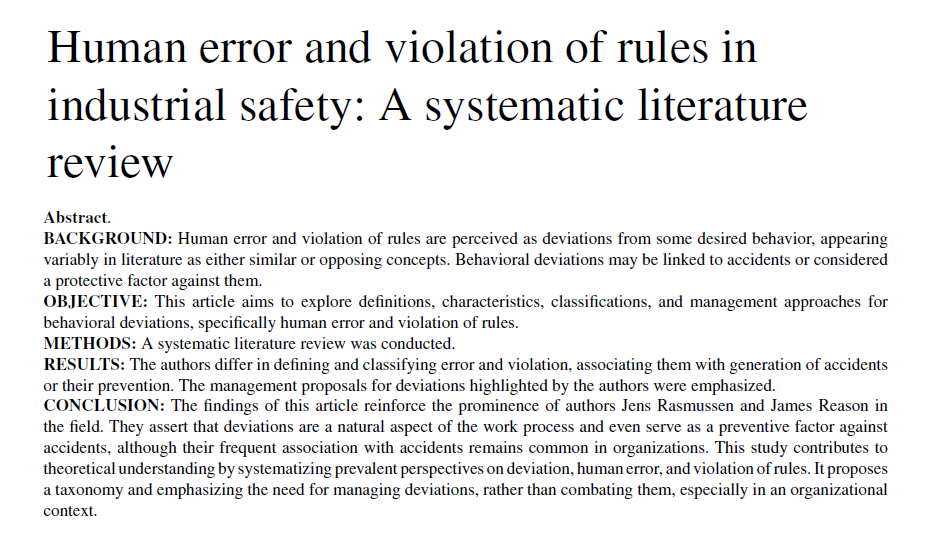 Human error and violation of rules in industrial safety: A systematic ...