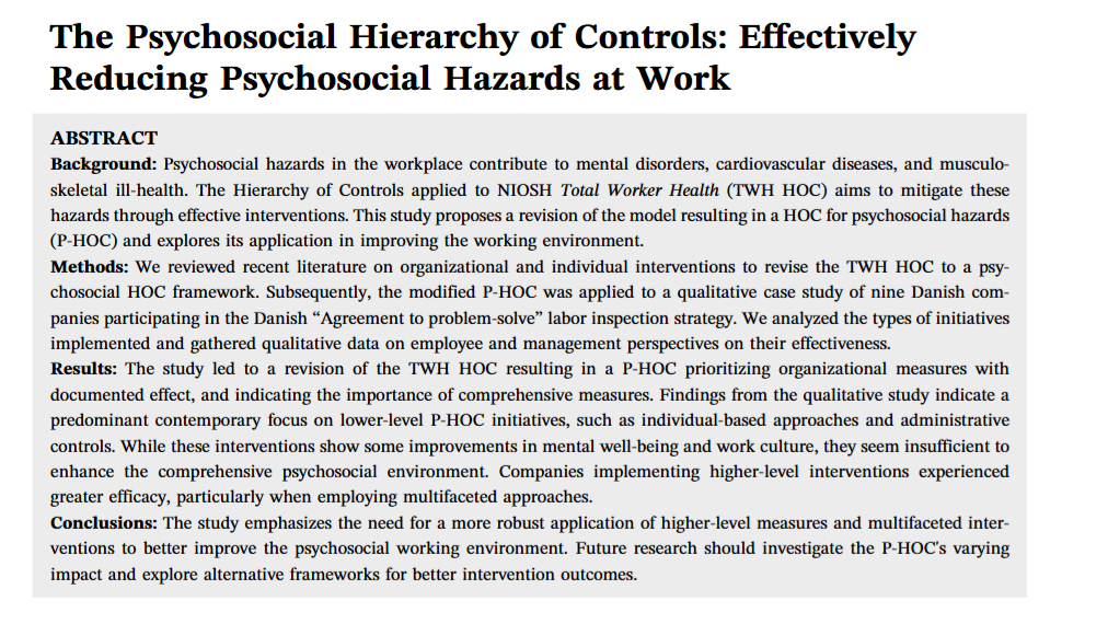 The Psychosocial Hierarchy of Controls: Effectively Reducing ...