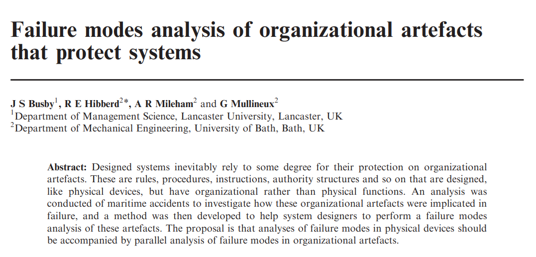 Failure modes analysis of organizational artefacts that protect systems ...