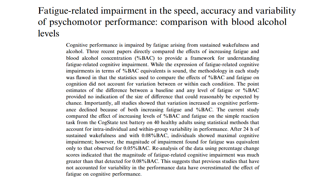 Fatigue impairment (sustained wakefulness) similar to BAC 0.05% ...