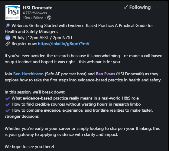 A webinar I’m presenting with HSI Donesafe: Getting started with Evidence-Based Practice, a ...