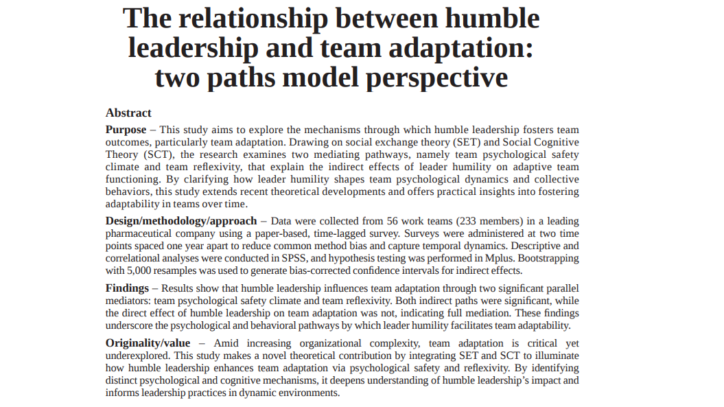 The relationship between humble leadership and team adaptation: two ...