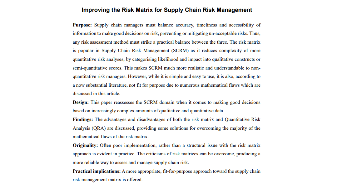 Improving the Risk Matrix for Supply Chain Risk Management ...